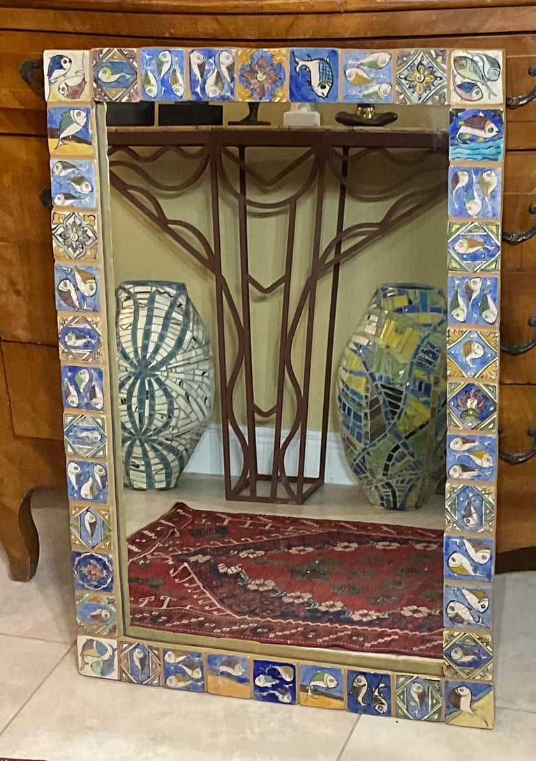 One of a Kind Large Hand Painted Ceramic Tile Mirror For Sale at 1stDibs