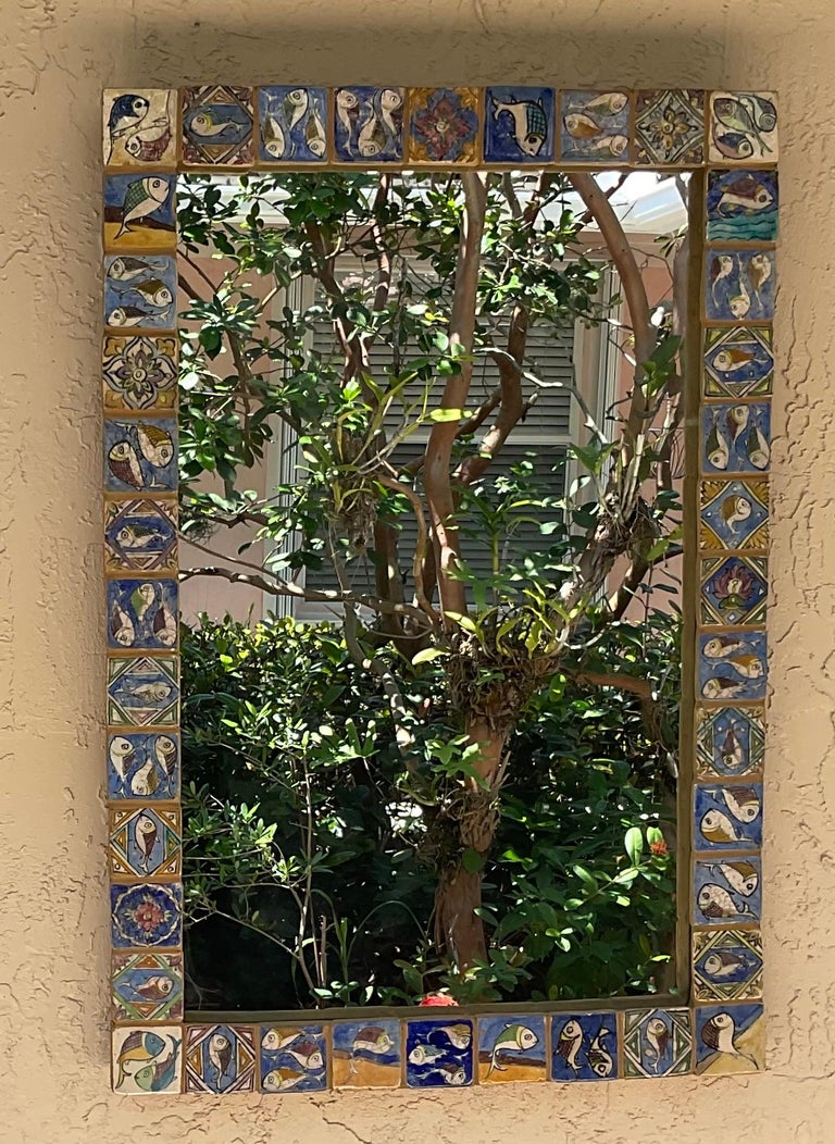 One of a Kind Large Hand Painted Ceramic Tile Mirror For Sale at 1stDibs