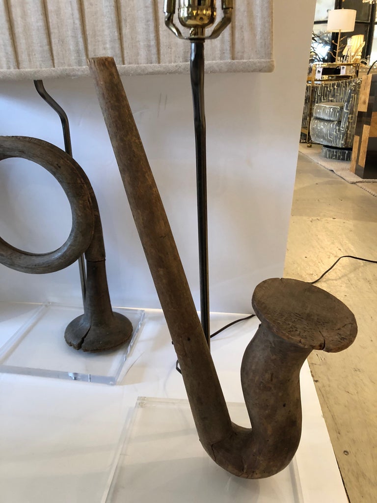 Fantastic Pair of Large Antique Carved Wooden Horn Lamps at 1stDibs