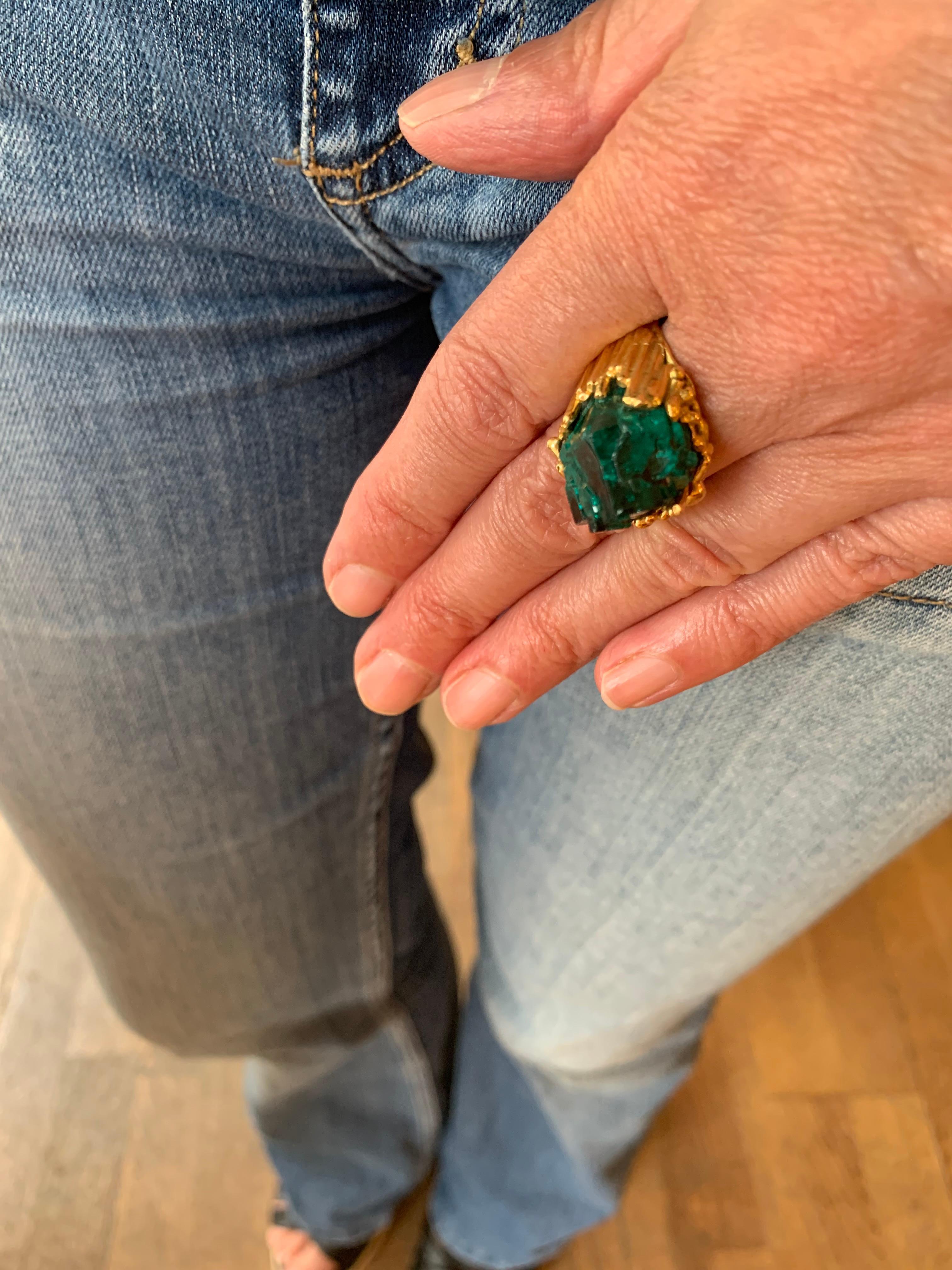 One of a Kind Roland Schad Rough Dioptase 18 Carat Yellow Gold Granite ...