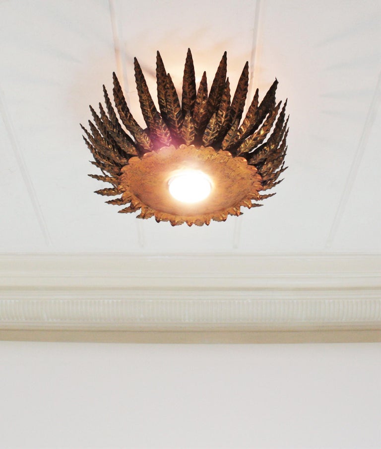 Sunburst Foliage Ceiling Light Fixture in Gilt Iron For Sale at 1stDibs