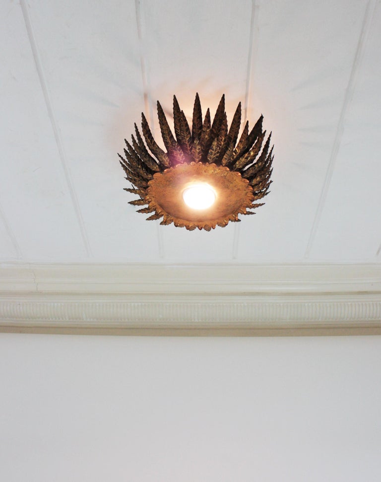 Sunburst Foliage Ceiling Light Fixture in Gilt Iron For Sale at 1stDibs
