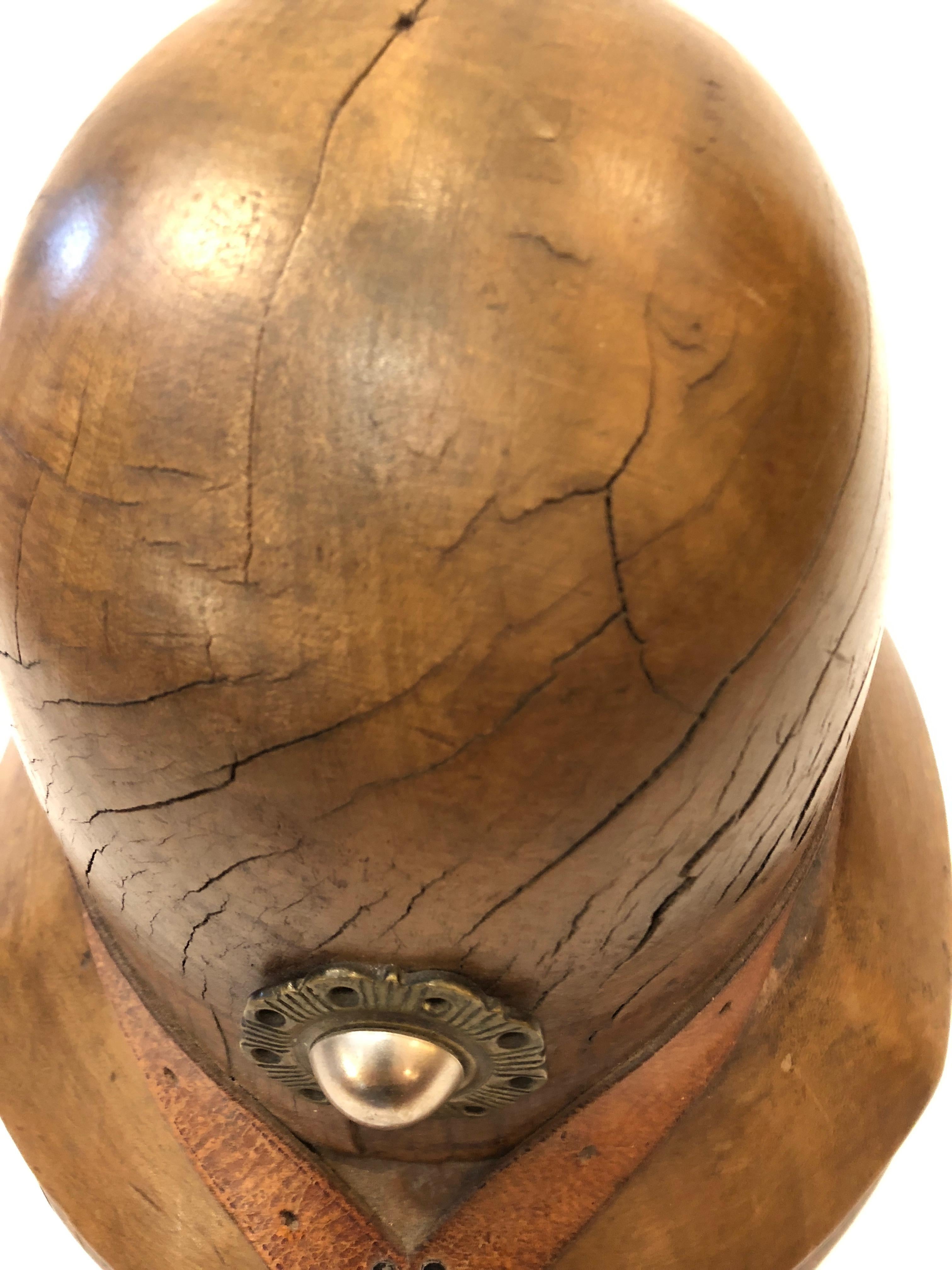 One of a Kind Walnut Sculpted Helmet on Stand at 1stDibs