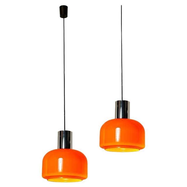 Pair Of Geometrical Cast Opaque Orange Glass Fixtures Peill Putzler