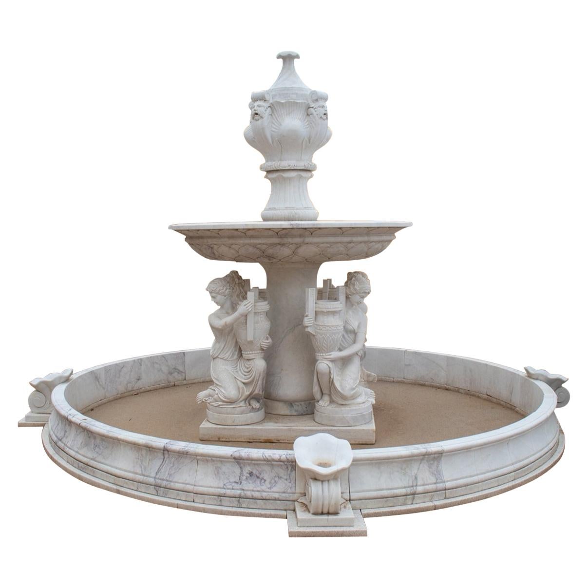 One Tier Hand Carved White Marble Fountain with Pool and Female ...