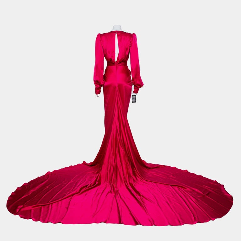 Ong-Oaj Pairam Fuschia Pink Silk Satin Plunge Neck Trail Detail ...