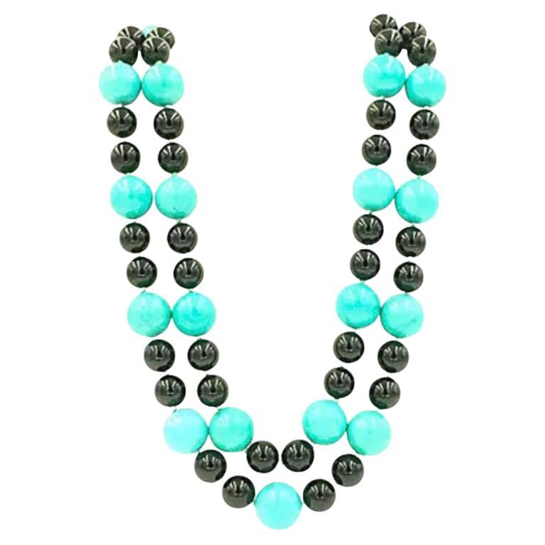 Onyx and Turquoise Bead Necklace For Sale at 1stDibs