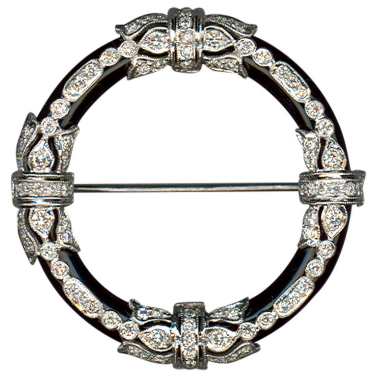 Onyx Diamond Gold Brooch For Sale at 1stDibs