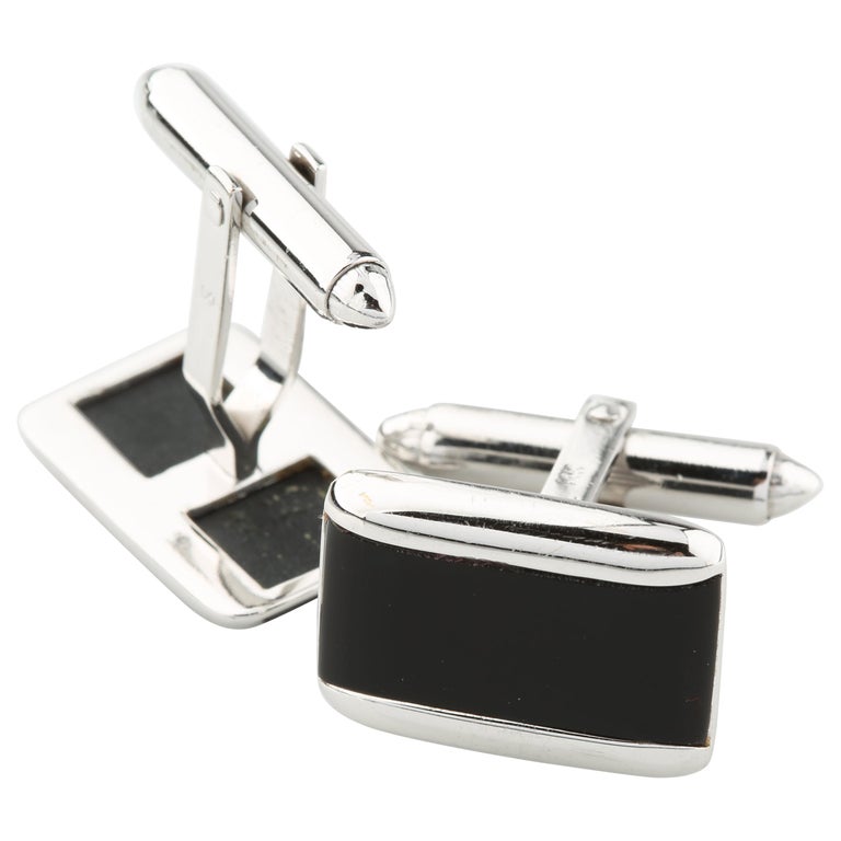 Onyx Rectangular Bordered Cufflinks in 14 Karat White Gold For Sale at 1stDibs