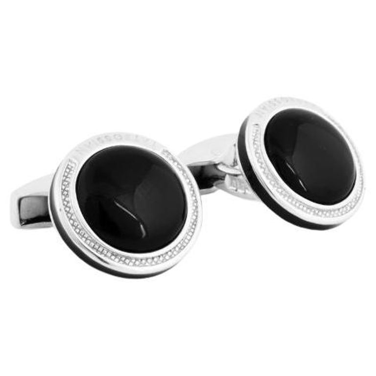 Onyx Signature Round Cufflinks in Sterling Silver For Sale at 1stDibs