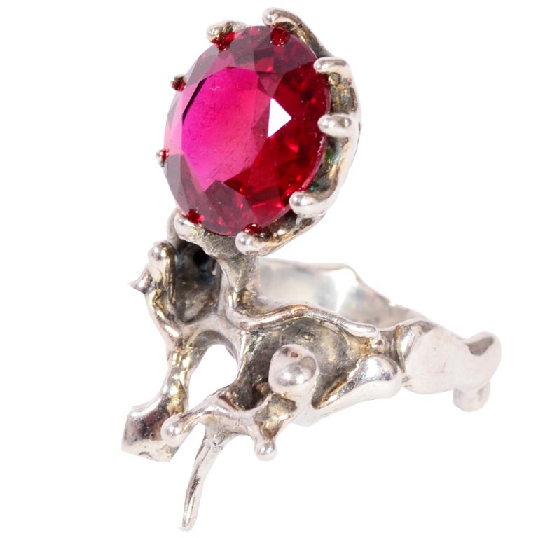 OOAK 1970s Brutalist Sterling Silver Ring With Faceted Red Stone For ...