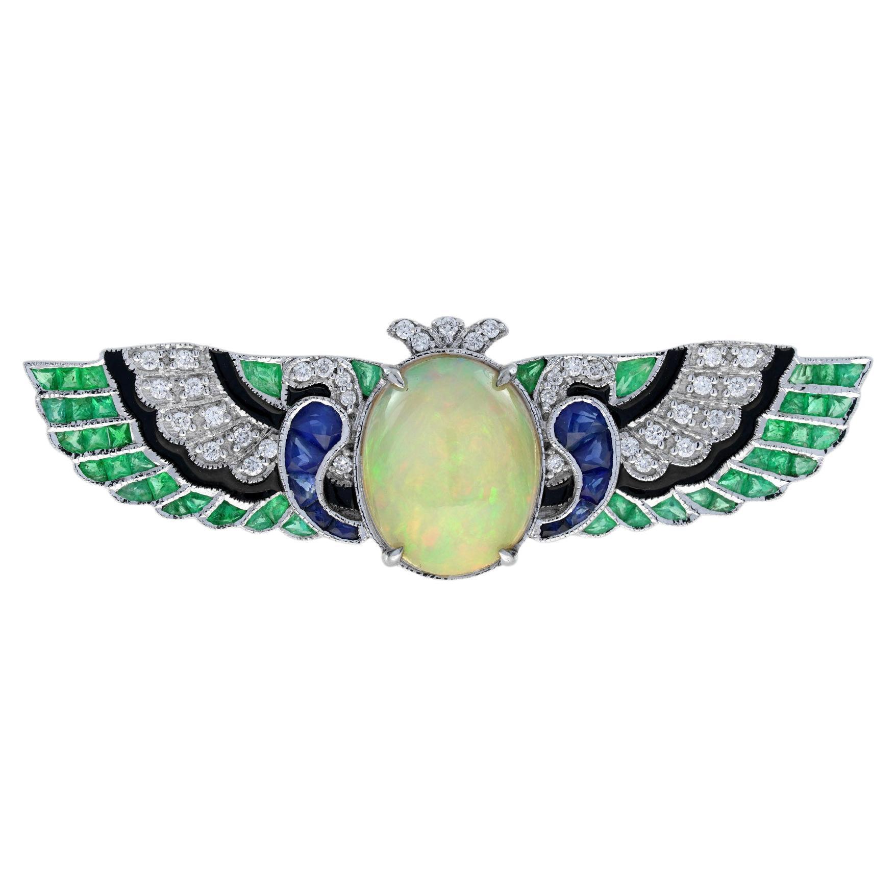 Opal and Multi Gemstone Antique Style Wing Brooch in 18K White Gold For ...