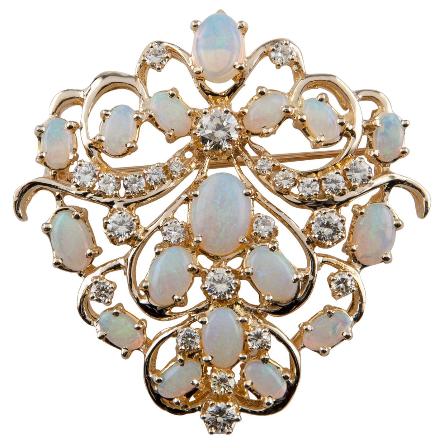 Opal and Round Brilliant Cut Diamond Brooch Pin Set in 14 Karat Yellow ...