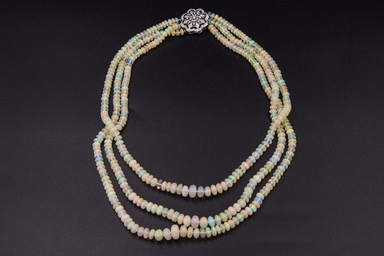 Opal Bead Graduated Triple Strand Necklace with Diamond White Gold ...