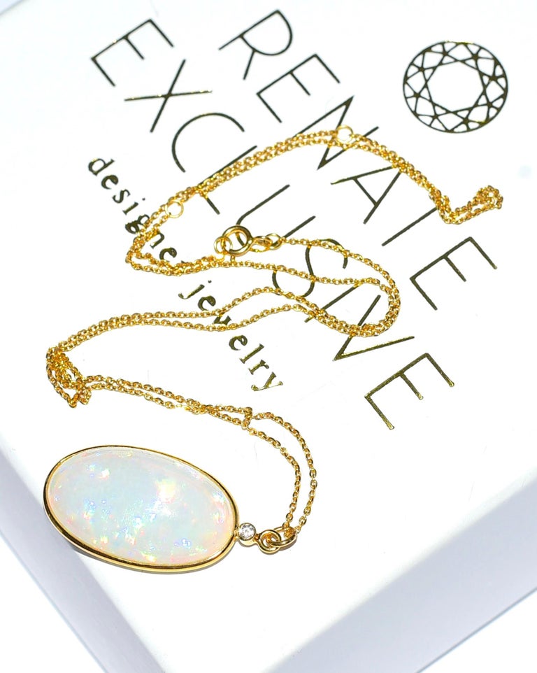 Natural Opal (16.5carat) Bezel, Diamond Accent Necklace in 18K Solid ...