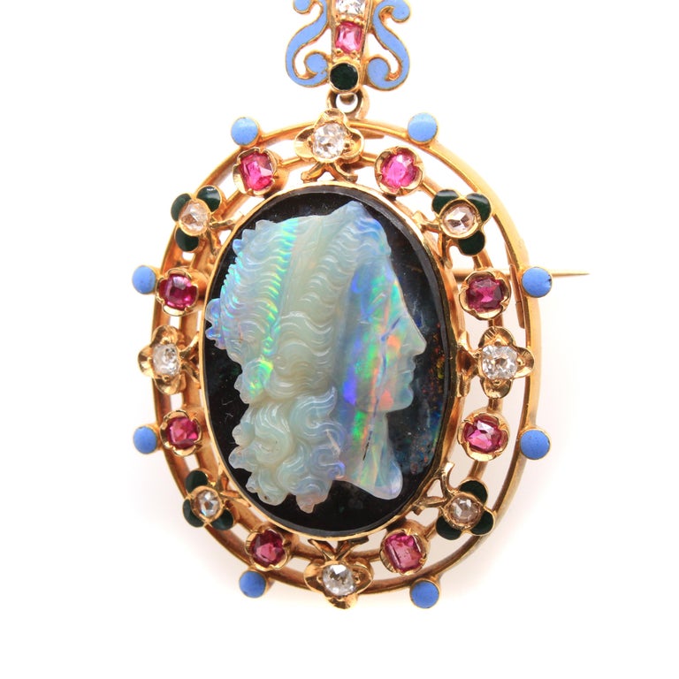 Opal Cameo Gem-Set Brooch Pendant, Wilhelm Schmidt, circa 1880s at 1stDibs