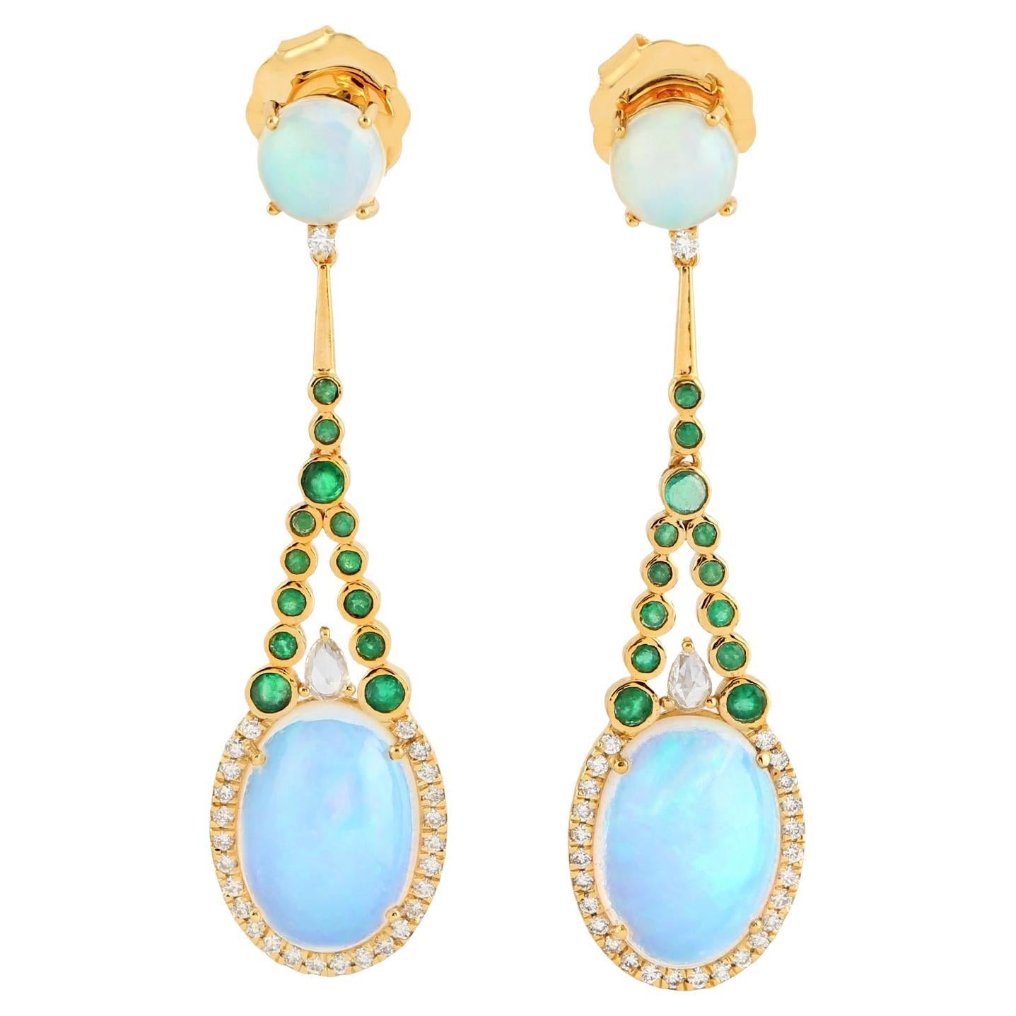 Opal Dangle Earrings With Emeralds and Diamonds 11.10 Carats 18K Yellow ...