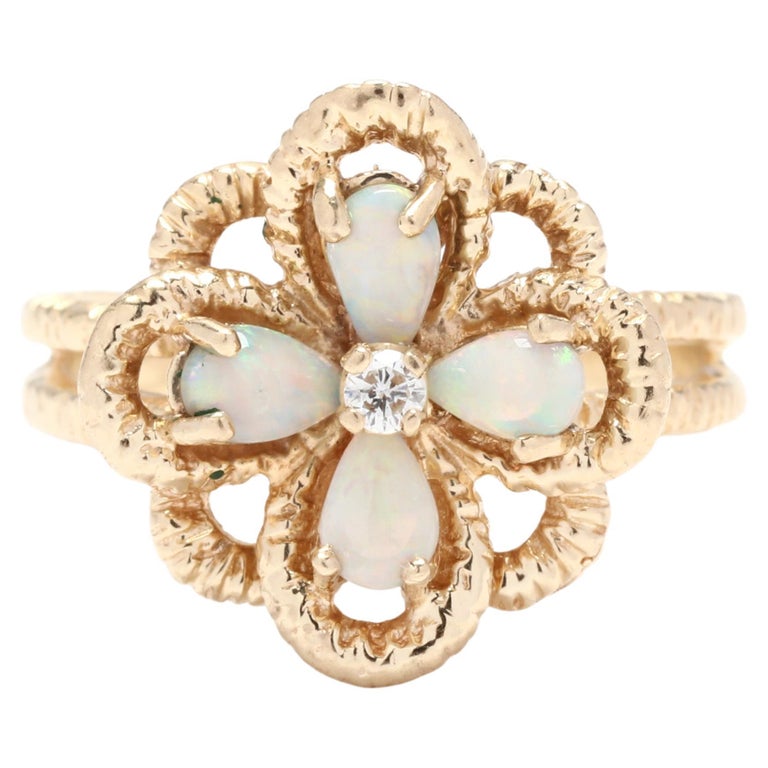 Opal Diamond Flower Cocktail Ring, 14KT Yellow Gold, Ring at 1stDibs