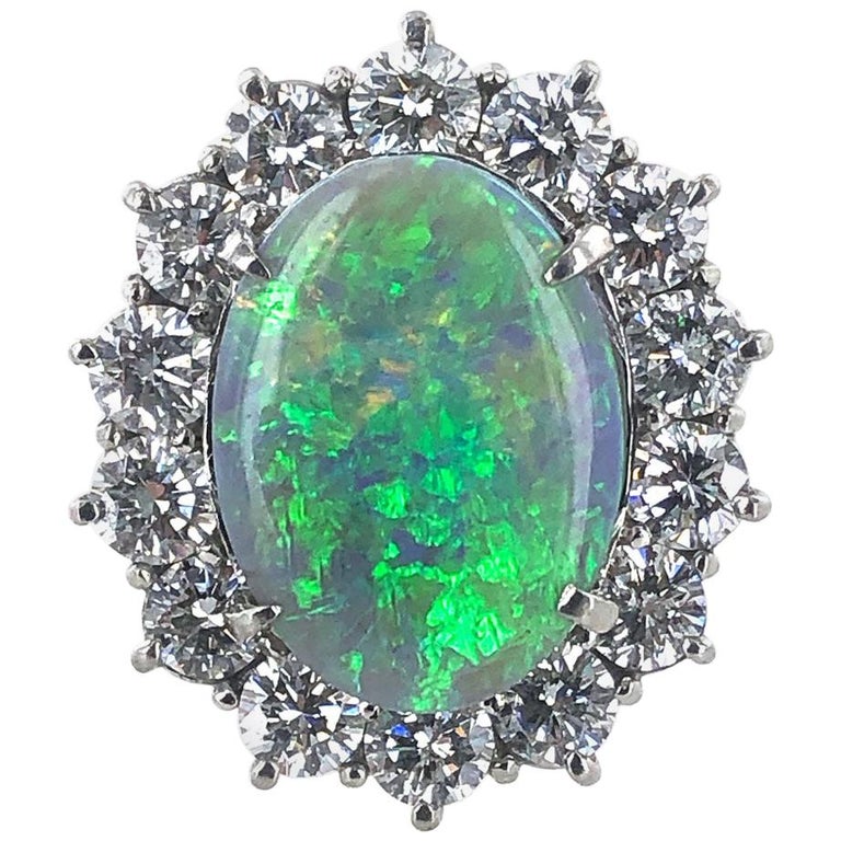 Opal Diamond Platinum Estate Cocktail Ring at 1stDibs