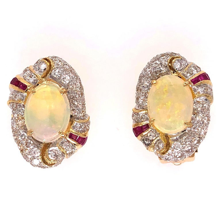 Opal Diamond Ruby French Clip Gold Earrings Estate Fine Jewelry For ...