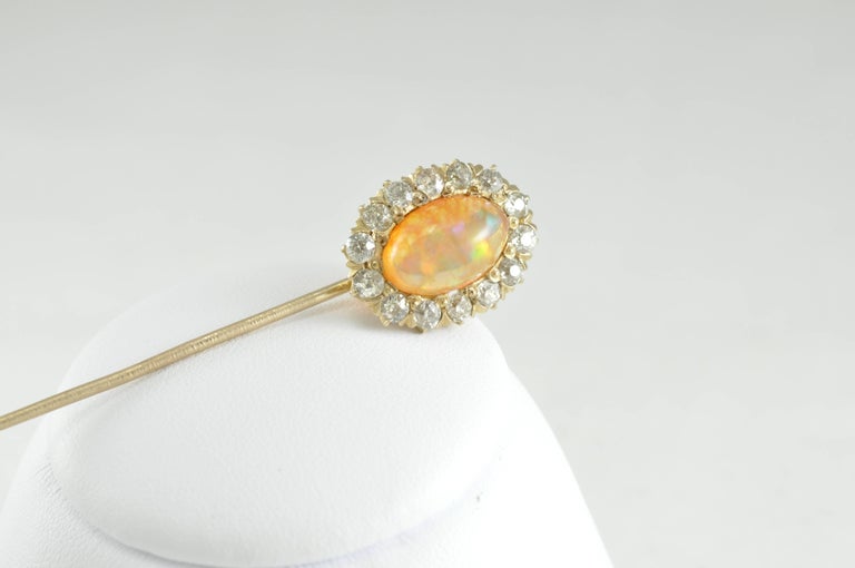 Vintage Opal Diamond Yellow Gold Hat Pin at 1stDibs