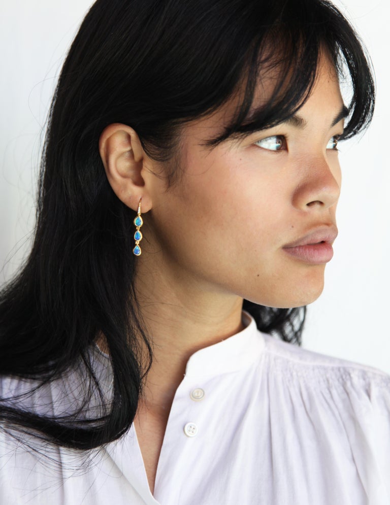 Opal Doublet Hinged Teardrops Bezel Set in 18k Heavy Matte Yellow Gold ...