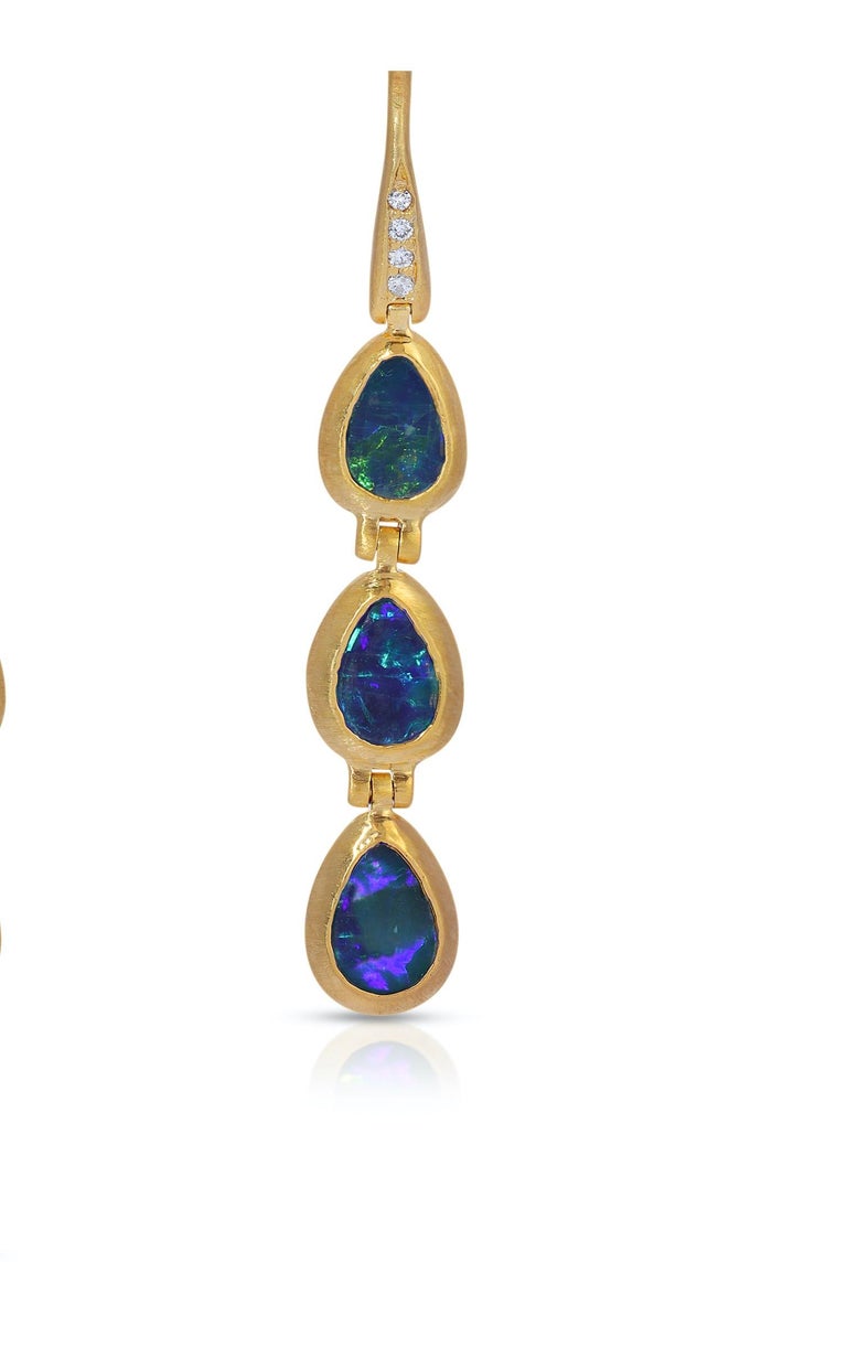Opal Doublet Hinged Teardrops Bezel Set in 18k Heavy Matte Yellow Gold ...