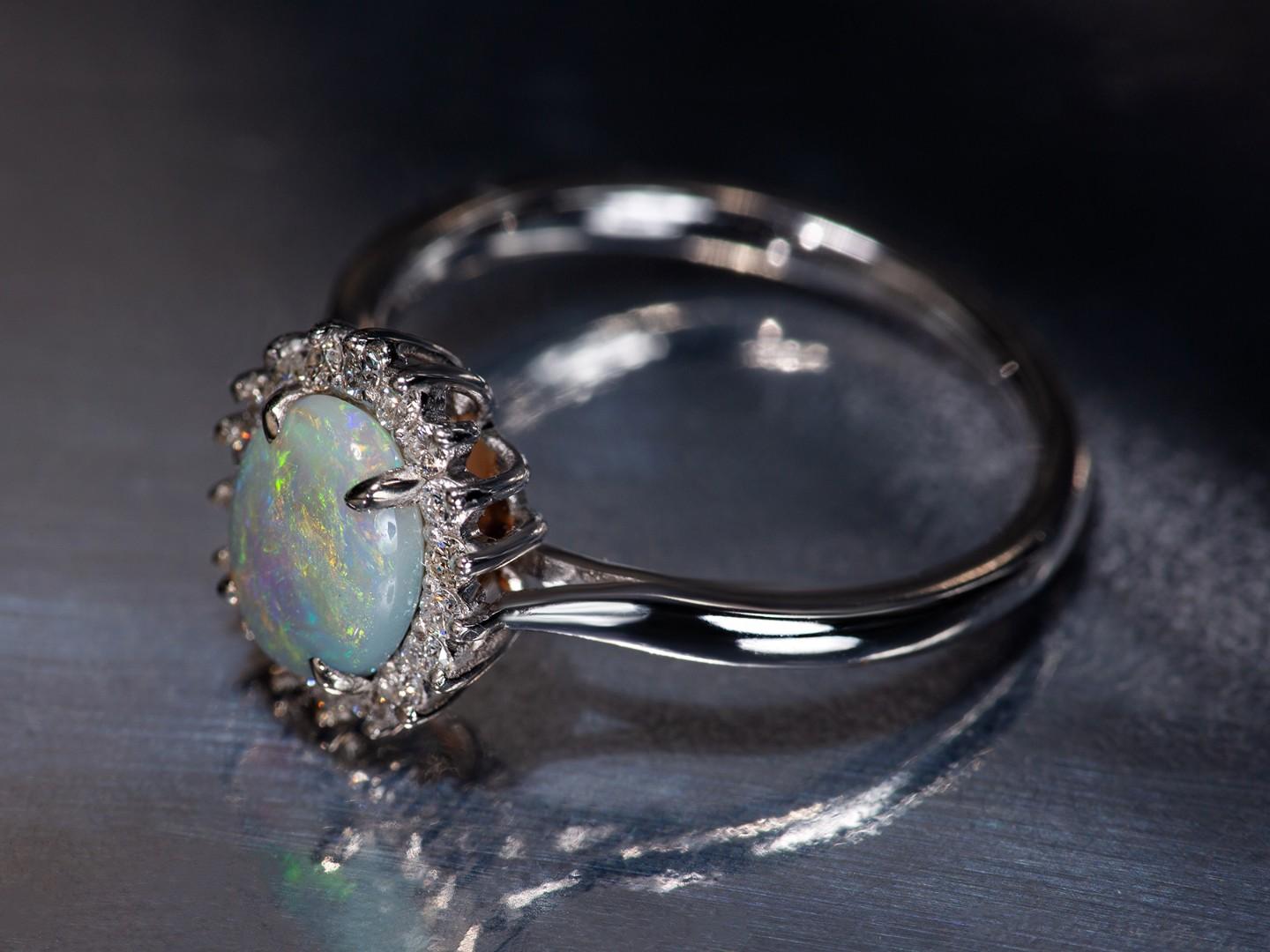 Opal Gold Ring Diamond Engagement Ring Iridescent Art Deco Style For ...