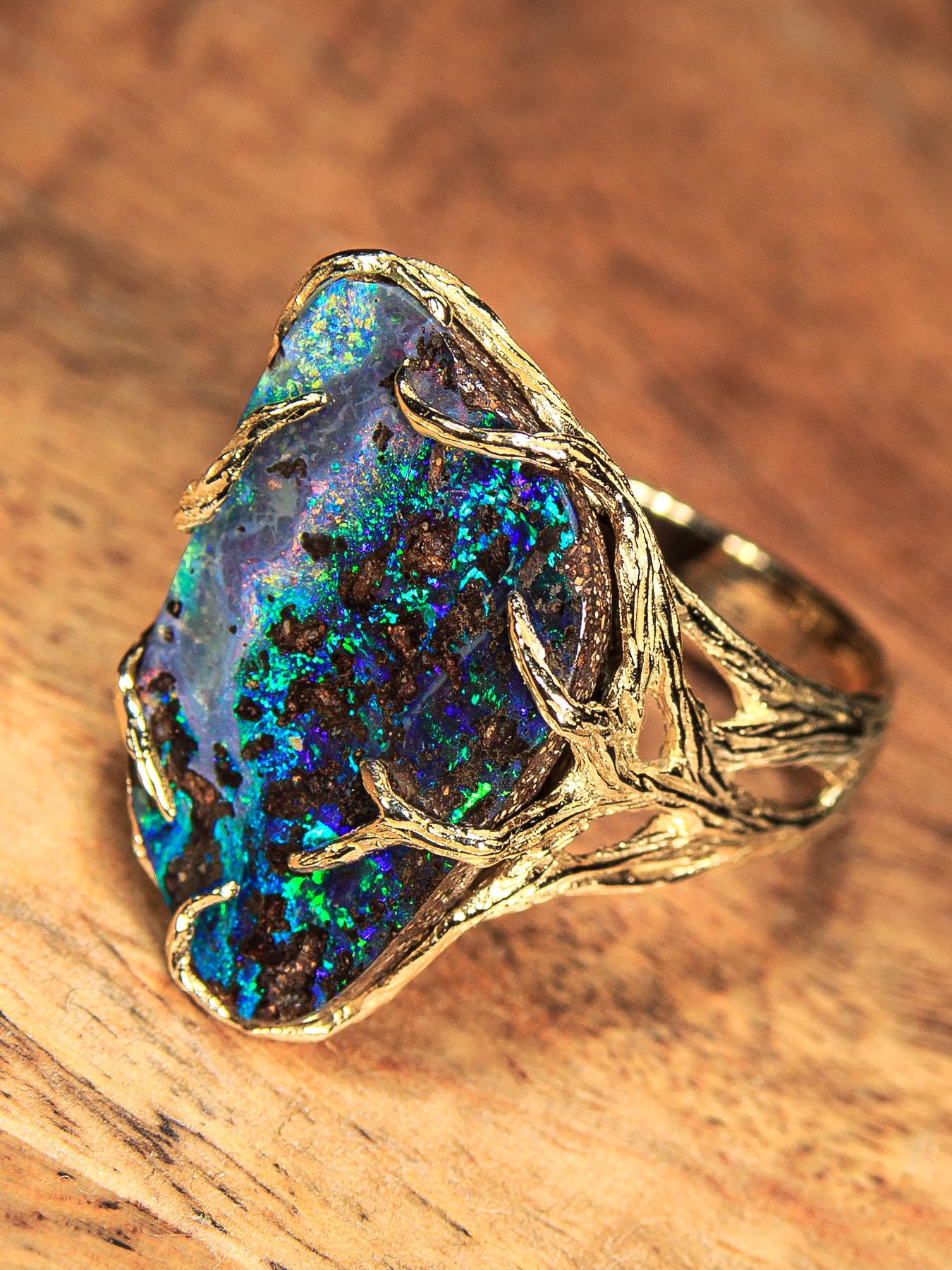 Opal Gold Ring Natural Gemstone Roots Pinfire Pattern Opal For Sale at ...
