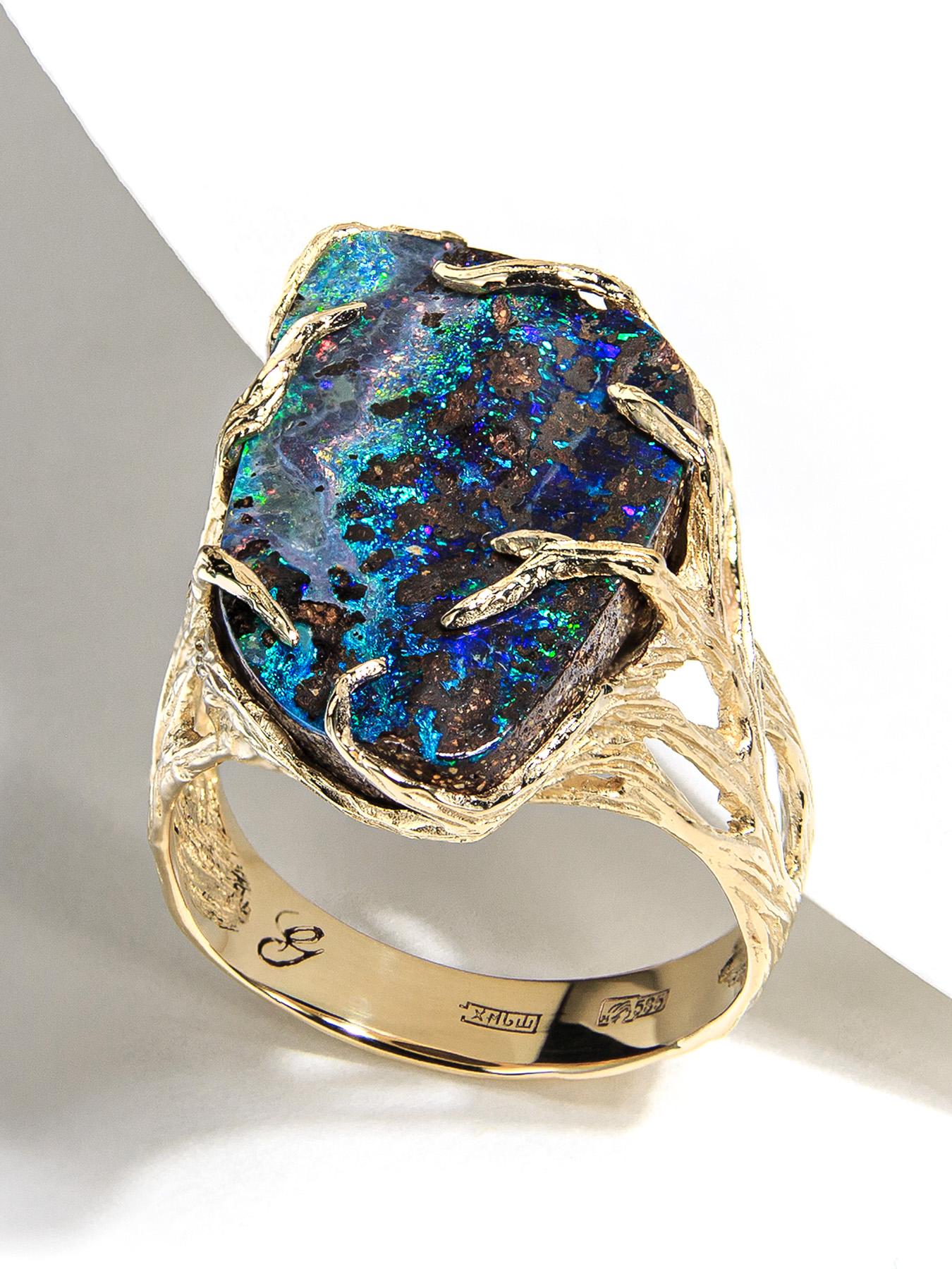 Opal Gold Ring Natural Gemstone Roots Pinfire Pattern Opal For Sale at ...