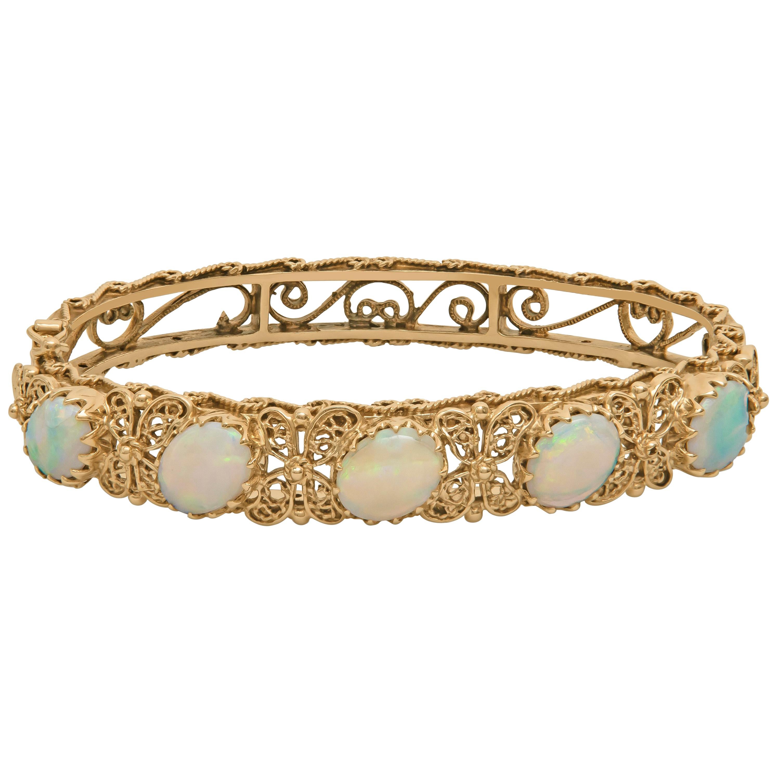 Opal Hinged Bangle Bracelet in 14 Karat with Filigree Design at 1stDibs ...