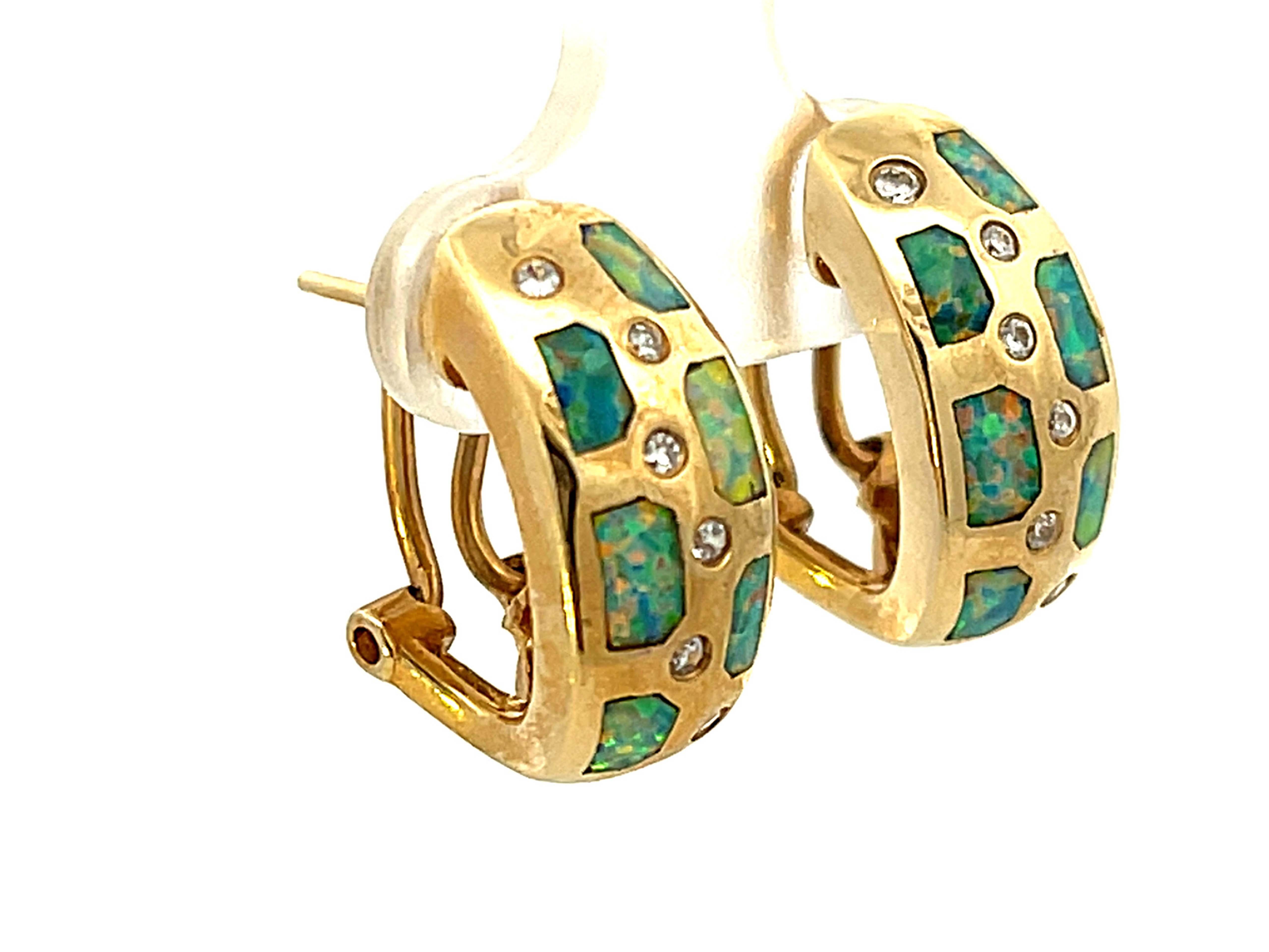 Opal Inlay and Diamond Huggie Earrings in 14k Yellow Gold For Sale at ...
