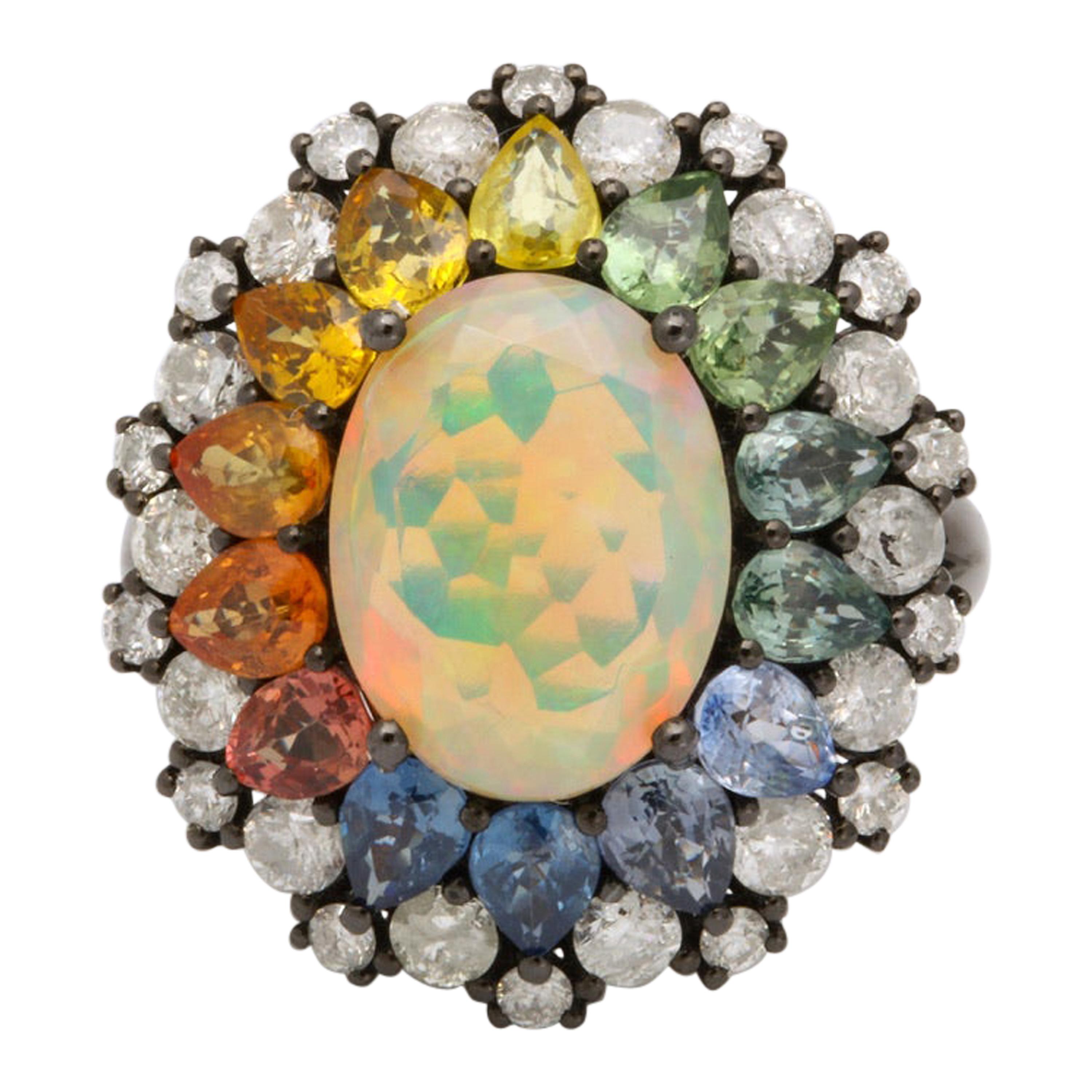 White Gold Opal, Multi-Color Sapphire and Diamond Cocktail Ring For ...