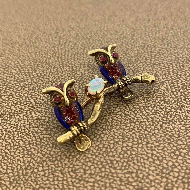 Opal Ruby Enamel Owl Gold Pin-Brooch For Sale (Free Shipping) at 1stDibs