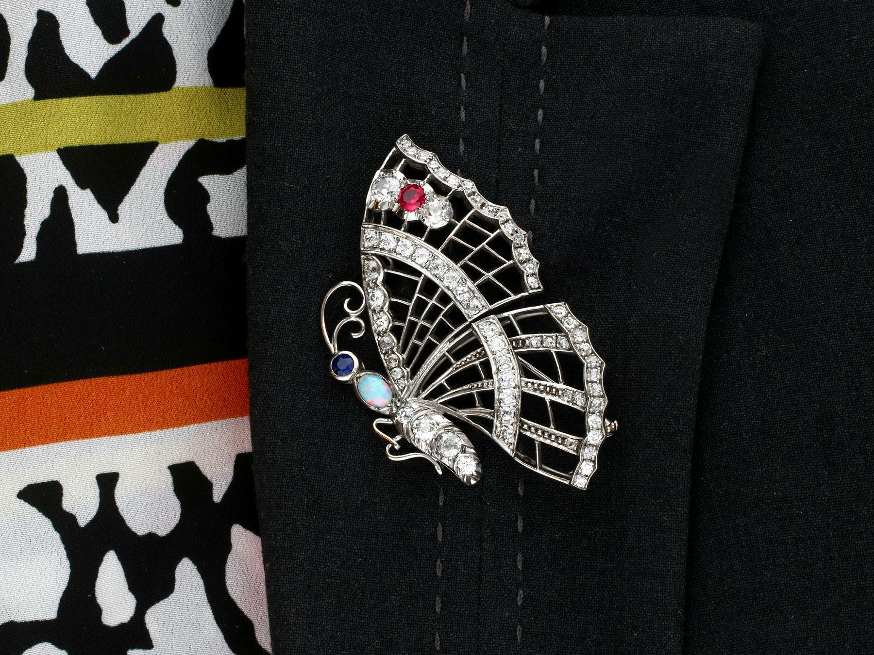 Opal Ruby Sapphire and 3.50ct Diamond Butterfly Brooch For Sale at 1stDibs