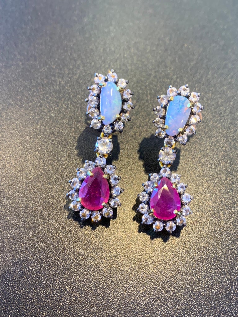 Opal. Ruby and White Topaz Candy Drop Earrings, Silver and 22k Pink ...