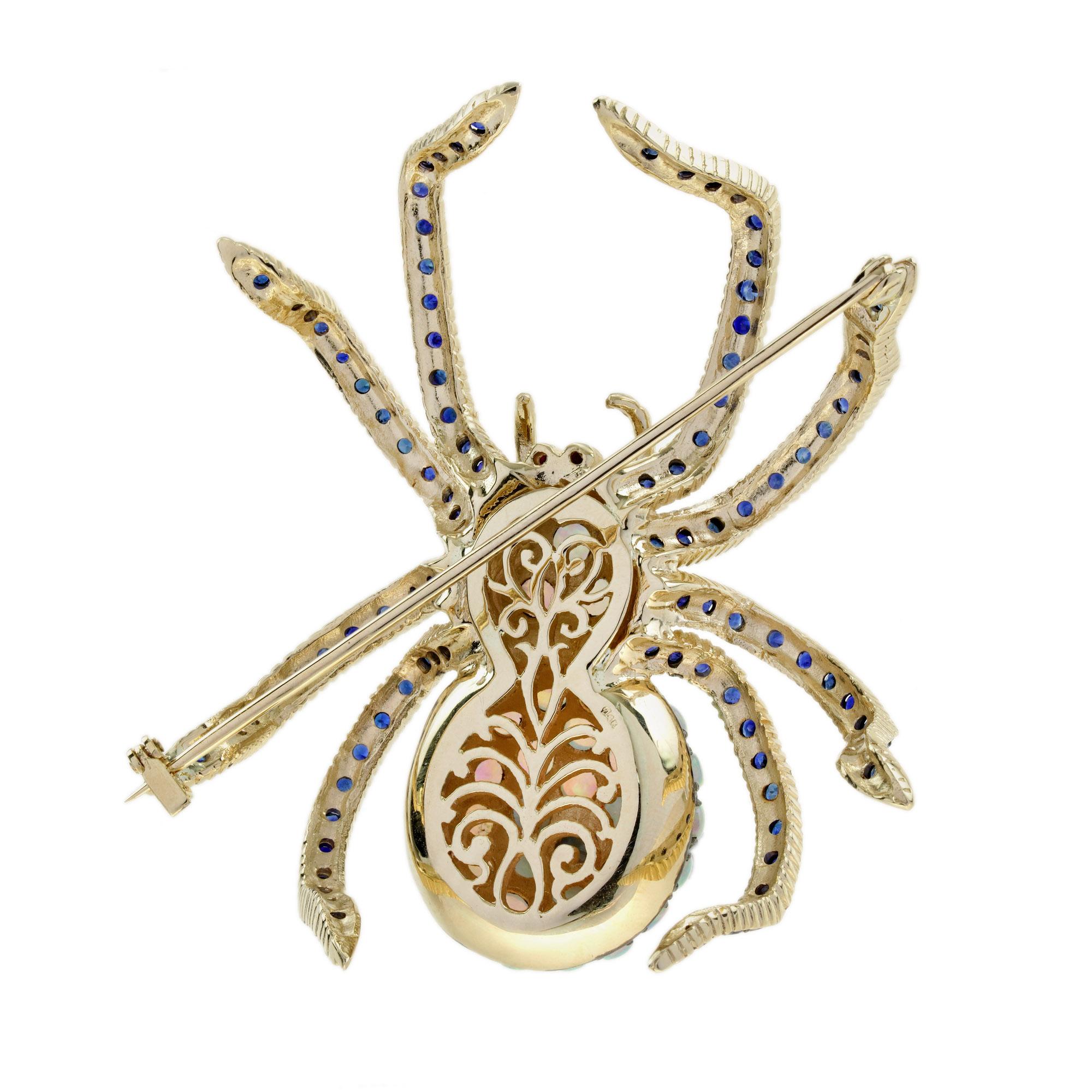 Opal Sapphire and Ruby Art Deco Style Spider Brooch in 14K Yellow Gold ...