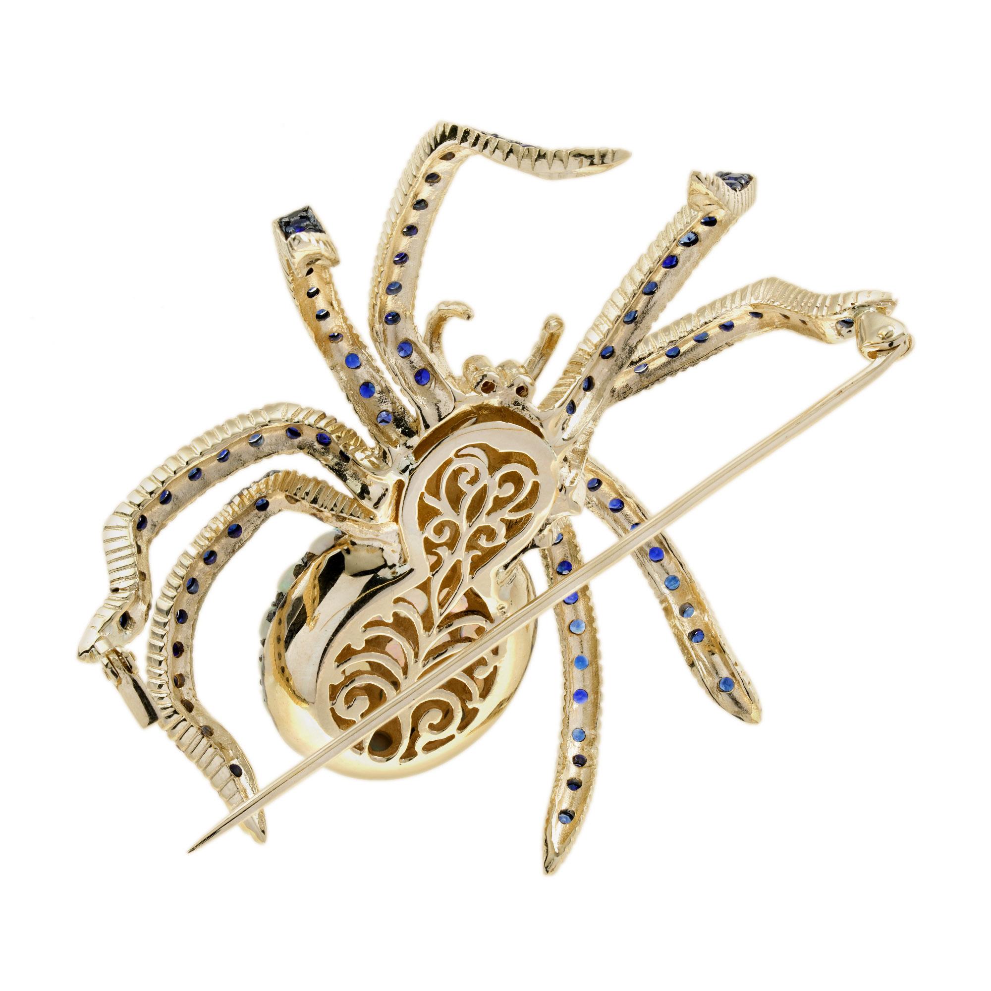 Opal Sapphire and Ruby Art Deco Style Spider Brooch in 14K Yellow Gold ...