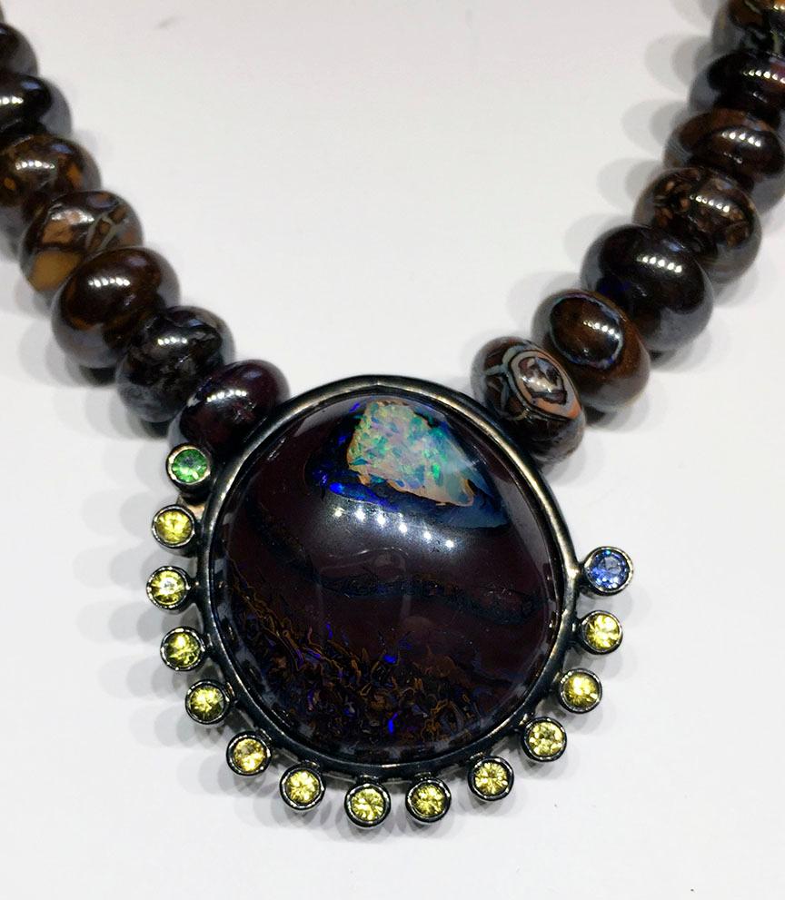 Boulder Opal, Sapphire and Tsavorite Pendant on a Beaded Boulder Opal ...