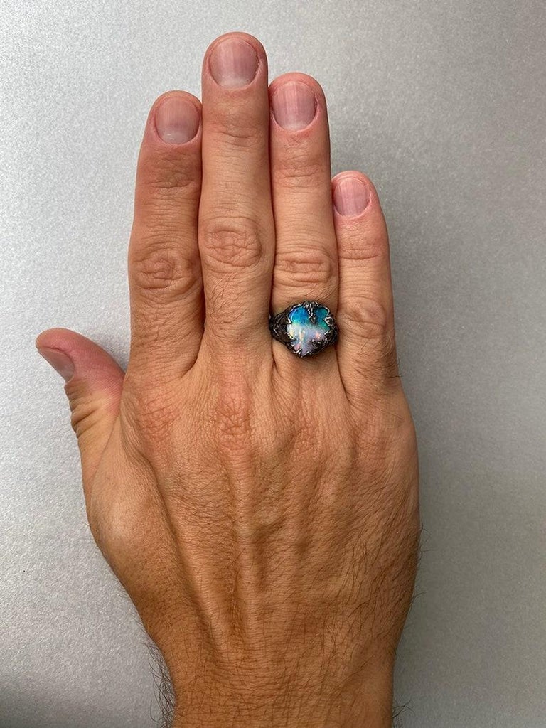Opal Silver Ivy Ring Natural Australian Gem Boulder Gem Bicolor Blue ...