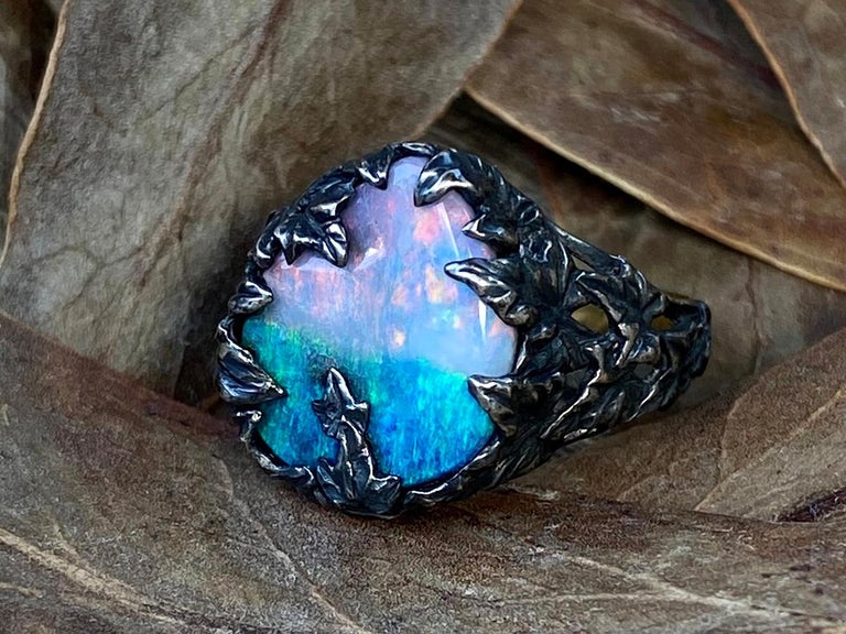 Opal Silver Ivy Ring Natural Australian Gem Boulder Gem Bicolor Blue ...