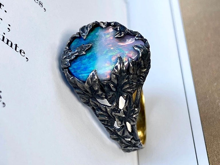 Opal Silver Ivy Ring Natural Australian Gem Boulder Gem Bicolor Blue ...