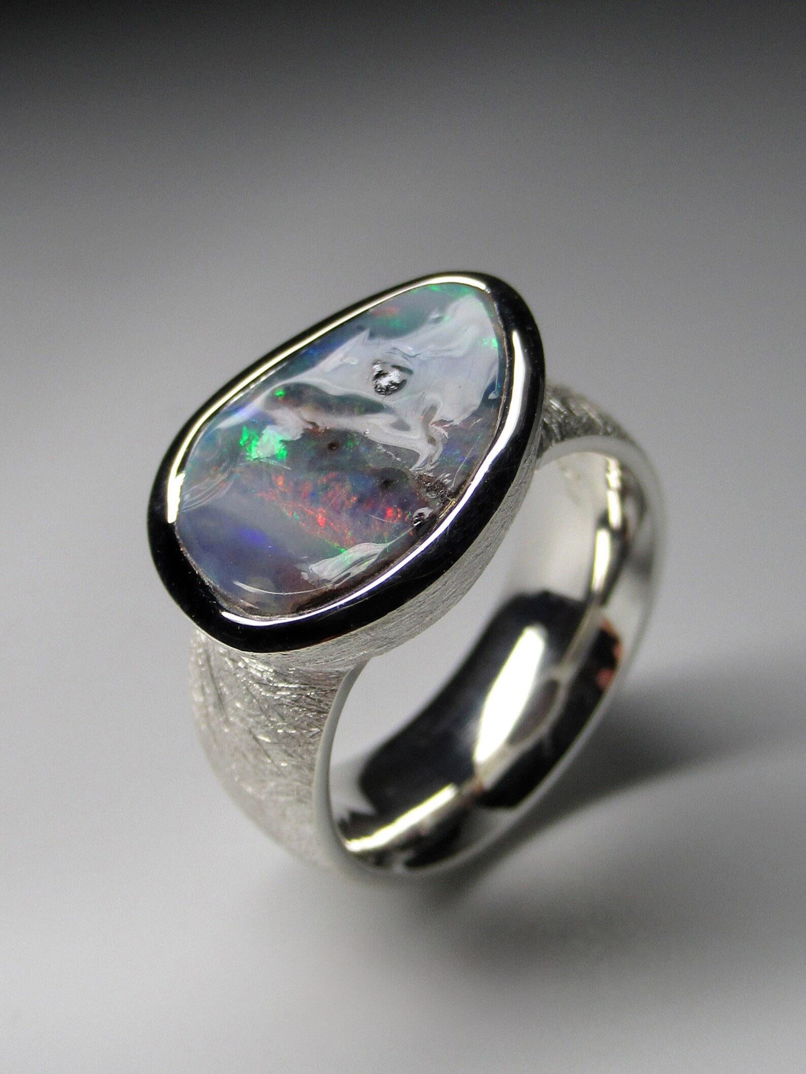 Opal Silver Ring Australian Boulder Rainbow Gemstone Unisex Jewelry For ...