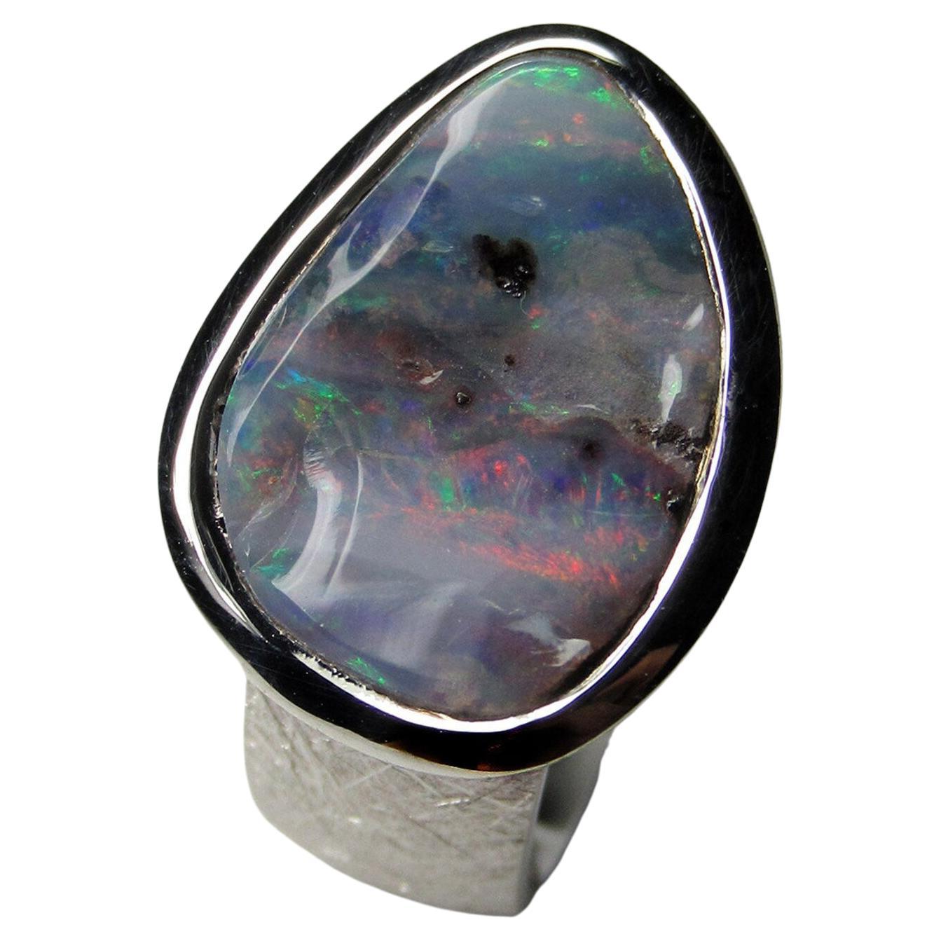 Opal Silver Ring Australian Boulder Rainbow Gemstone Unisex Jewelry For ...