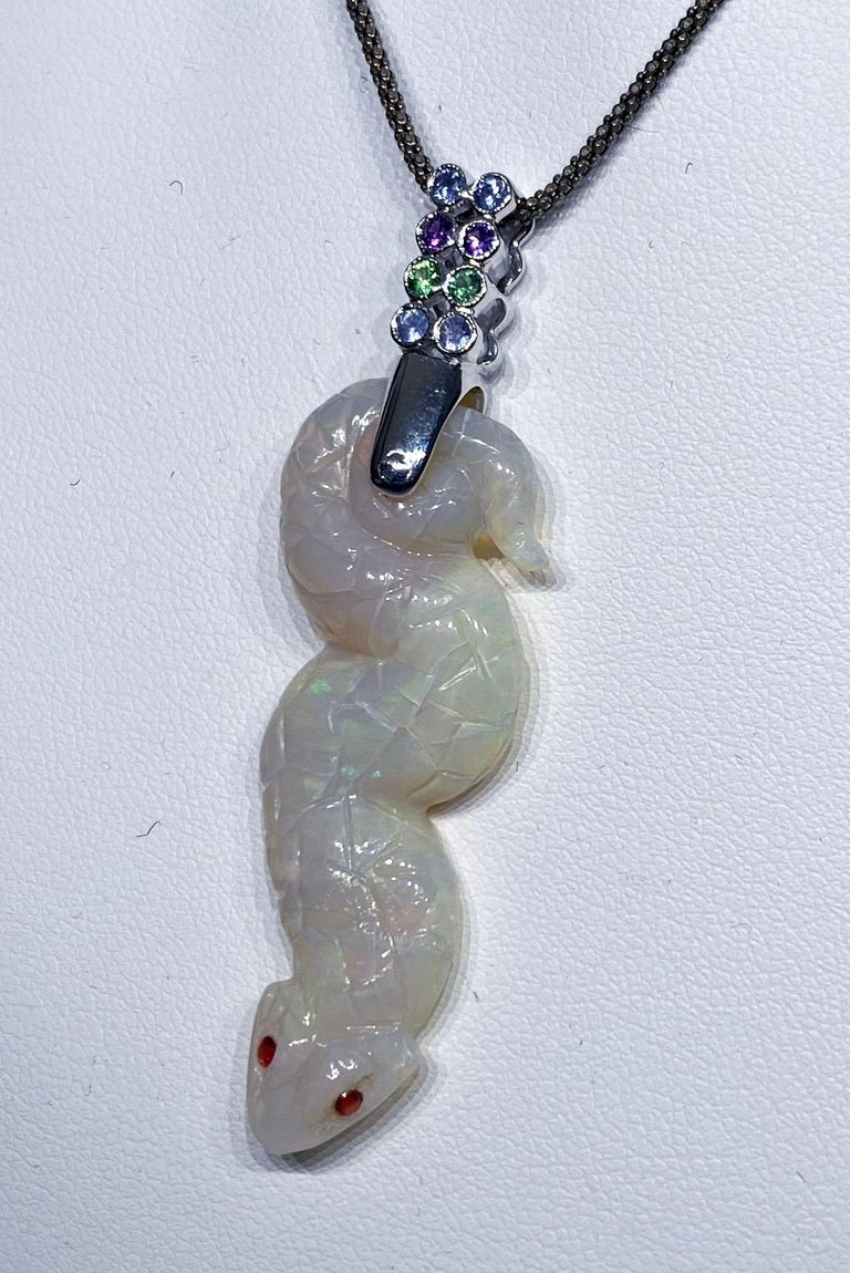 Opal Snake Pendant in 18kt White Gold set with multi colored Sapphires ...