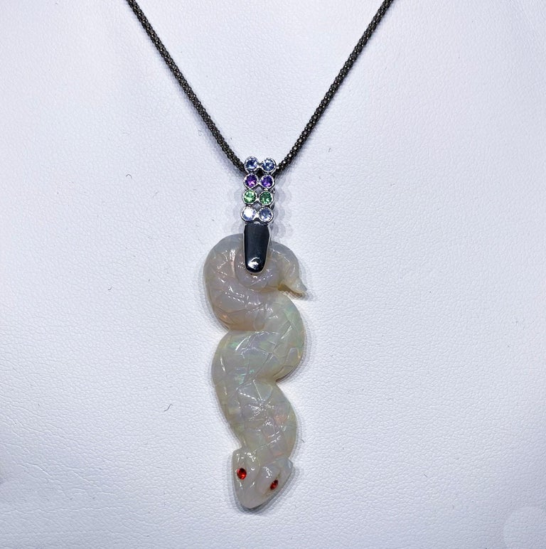 Opal Snake Pendant in 18kt White Gold set with multi colored Sapphires ...