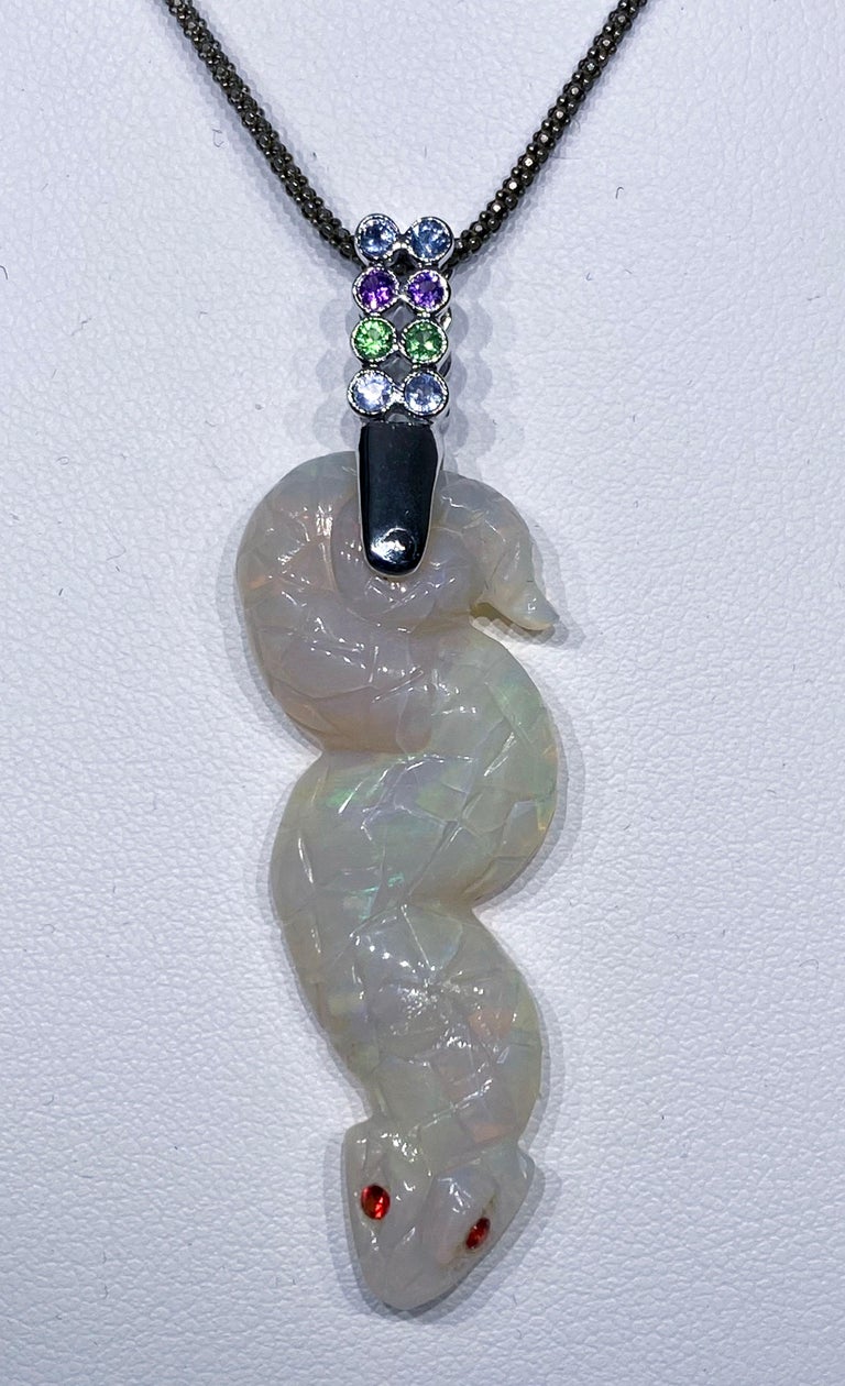 Opal Snake Pendant in 18kt White Gold set with multi colored Sapphires ...