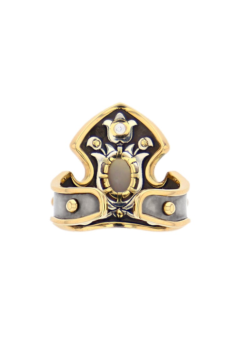 Opal, Topaz and Akoya Pearls Blason Ring in 18k Yellow Gold by Elie Top ...