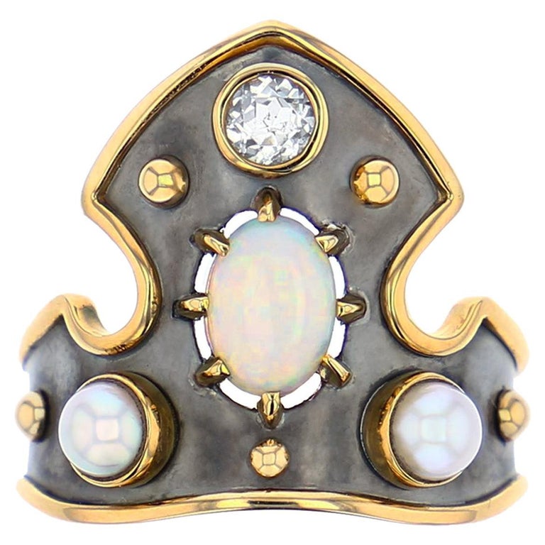 Opal, Topaz and Akoya Pearls Blason Ring in 18k Yellow Gold by Elie Top ...