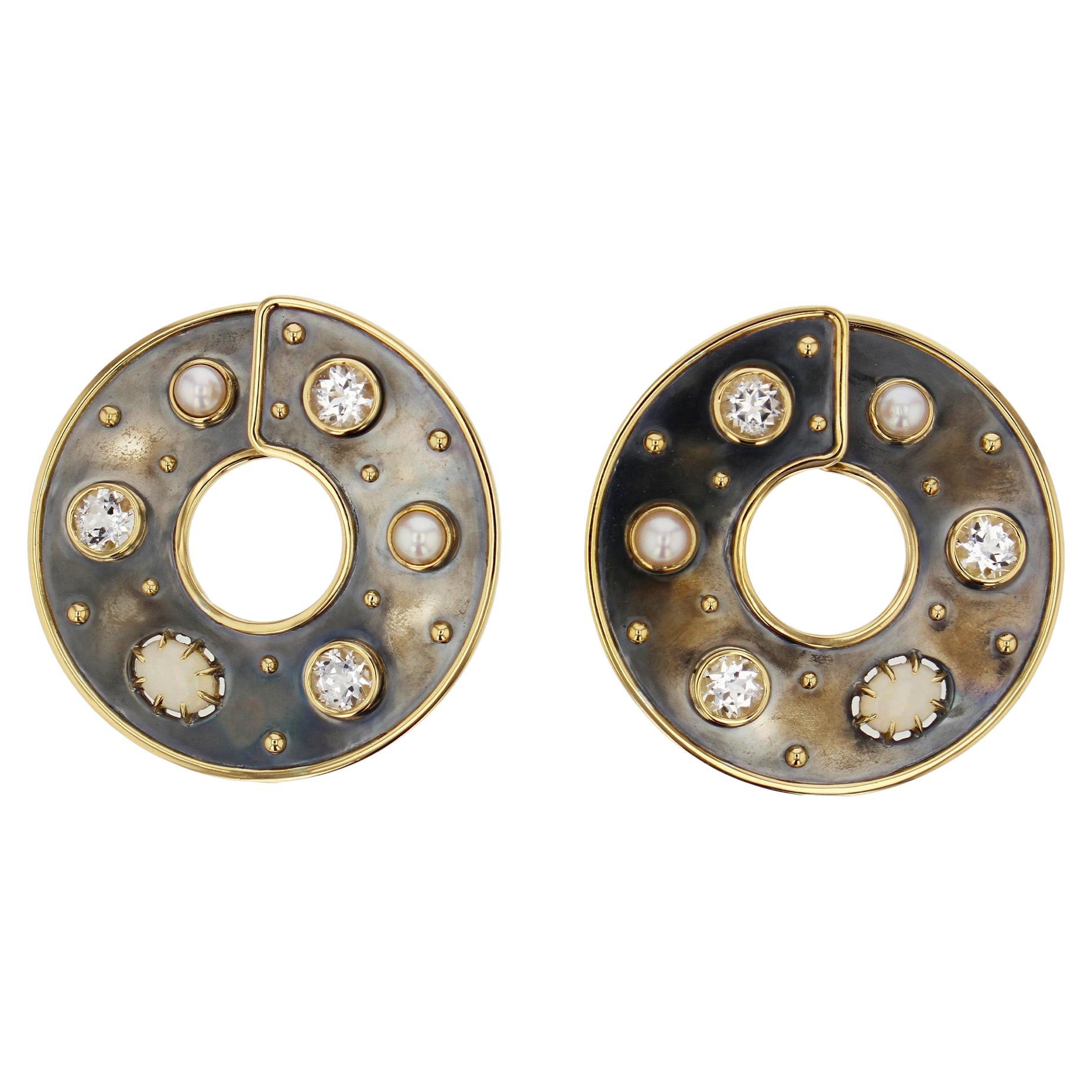 Opal, Topaz and Akoya Pearls Blason Earrings in 18k Yellow Gold by Elie ...